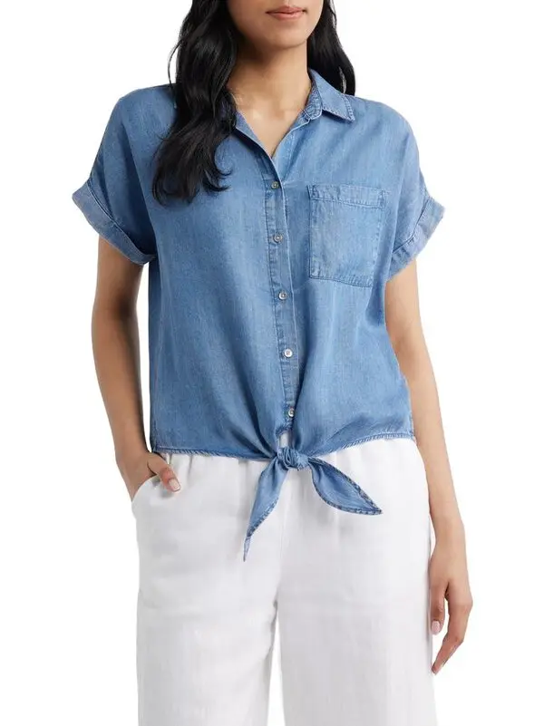 BEACHLUNCHLOUNGE Romi Tie Front Denim Shirt - Medium Wash