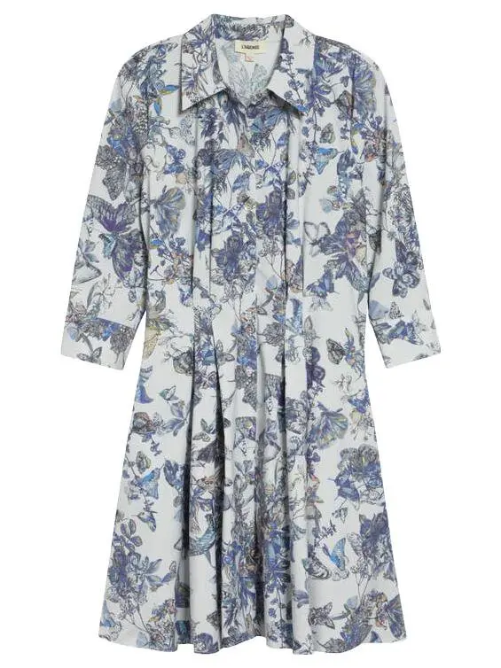L'Agence Journi Pleated Long Sleeve Shirtdress - Grey Multi Watercolr Butterfly