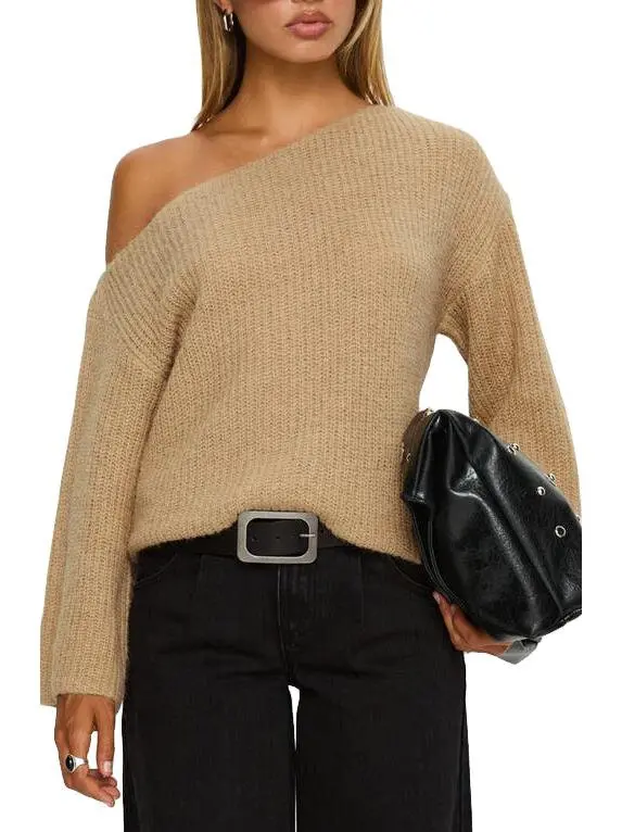 Princess Polly Delyn Off-the-shoulder Sweater - Camel