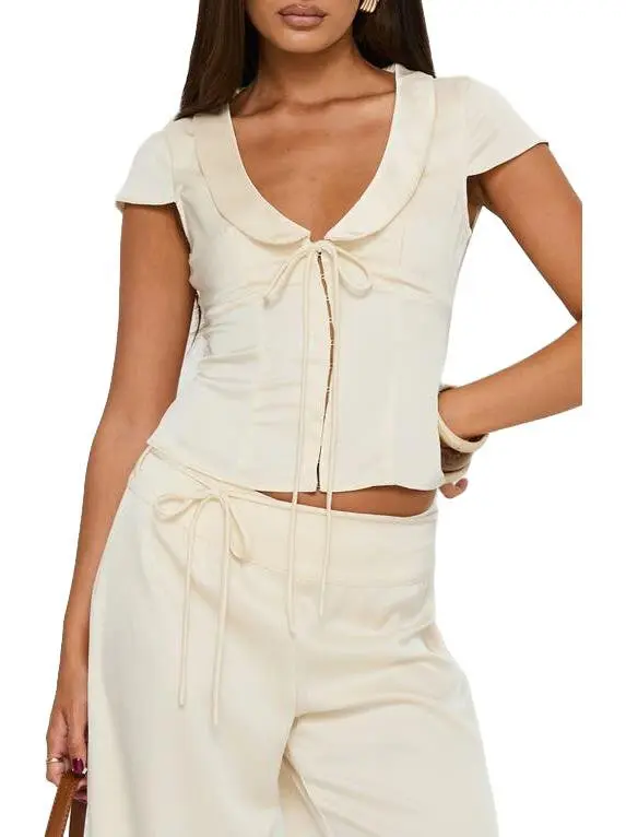 Princess Polly Aubrette Peter Pan Collar Satin Top - Cream