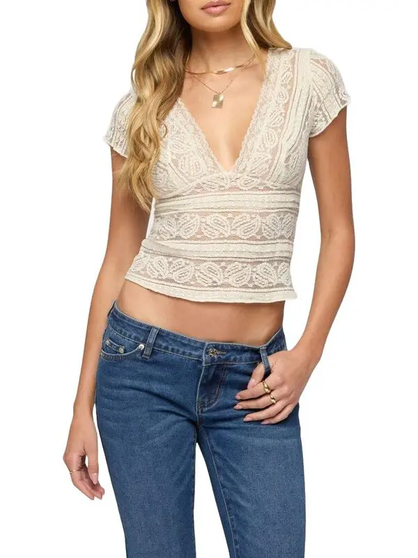EDIKTED Avalee Plunge Neck Lace Crop Top - Cream