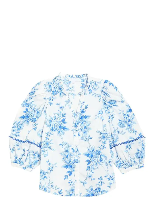 SUGARLIPS Floral Print Poplin Top With Frill Trim - White Blue