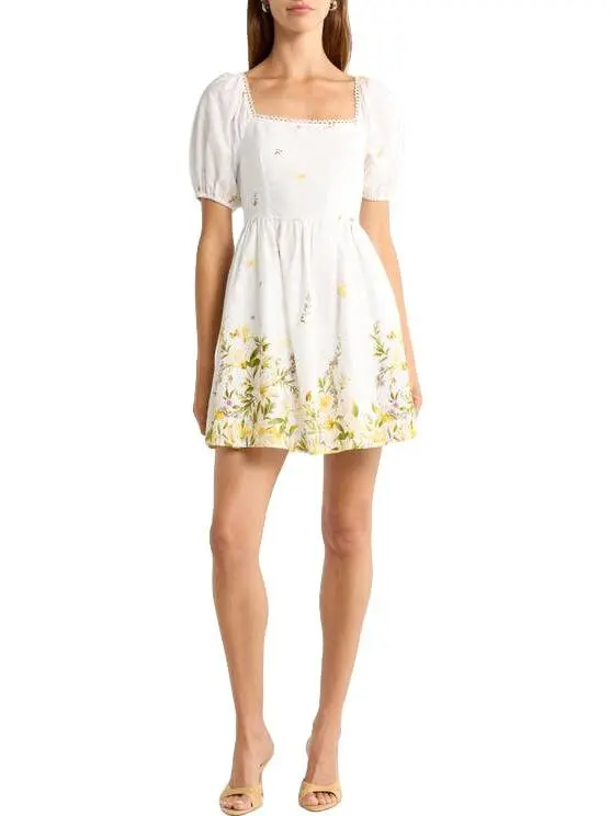 SUGARLIPS Raina Floral Print Puff Sleeve Flare Dress - Ivory-multi