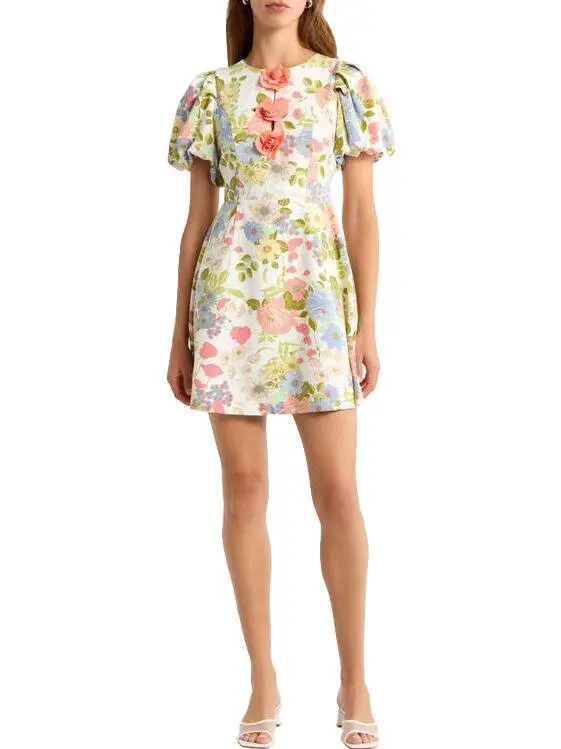 SUGARLIPS Rosette Puff Sleeve Dress - Cream-multi