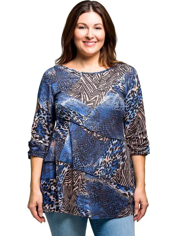 24SEVEN COMFORT APPAREL Tiered Tunic Top With Animal Print And 3/4 Sleeves - Blue Multi
