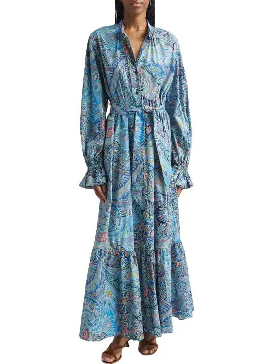 Etro Paisley Print Long Sleeve Maxi Dress - Print On Blue Base