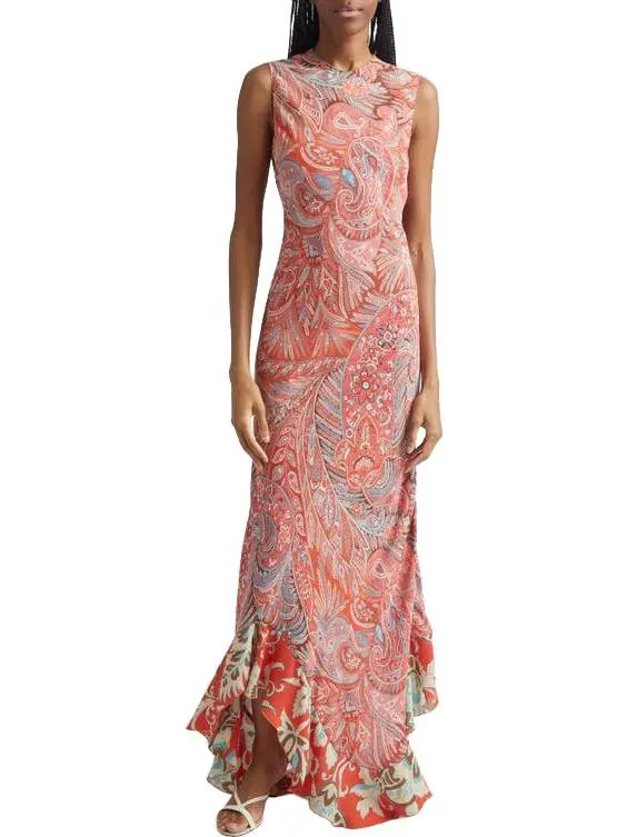 Etro Paisley Asymmetrical Ruffle Hem Dress - Red