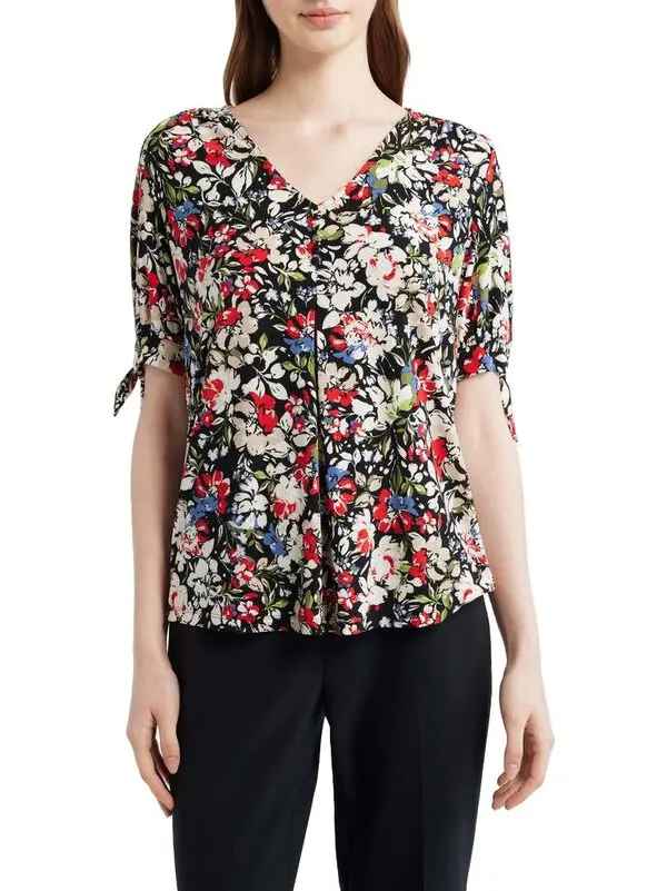 Anne Klein Floral Print V-neck Puff Sleeve Jersey Top With Tie Cuffs - Anne Black Multi