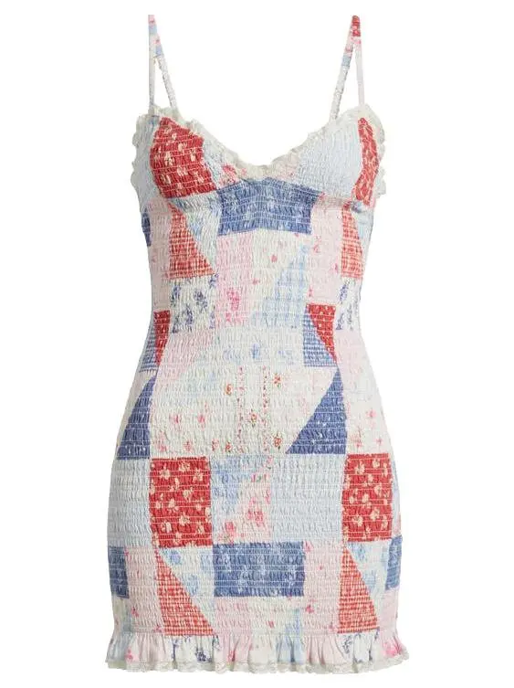 LoveShackFancy Solier Patchwork Cotton Mini Dress - Blueberry Sundae
