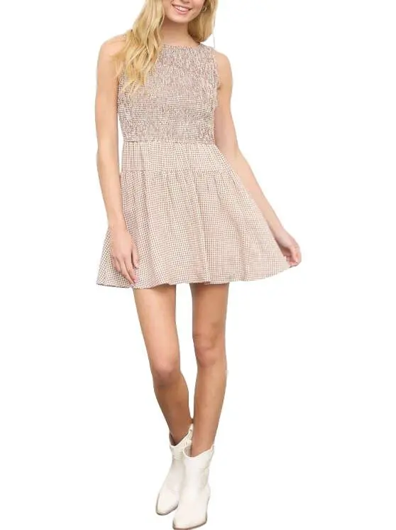 BLU PEPPER Smocked Gingham Sleeveless Mini Dress - Brown