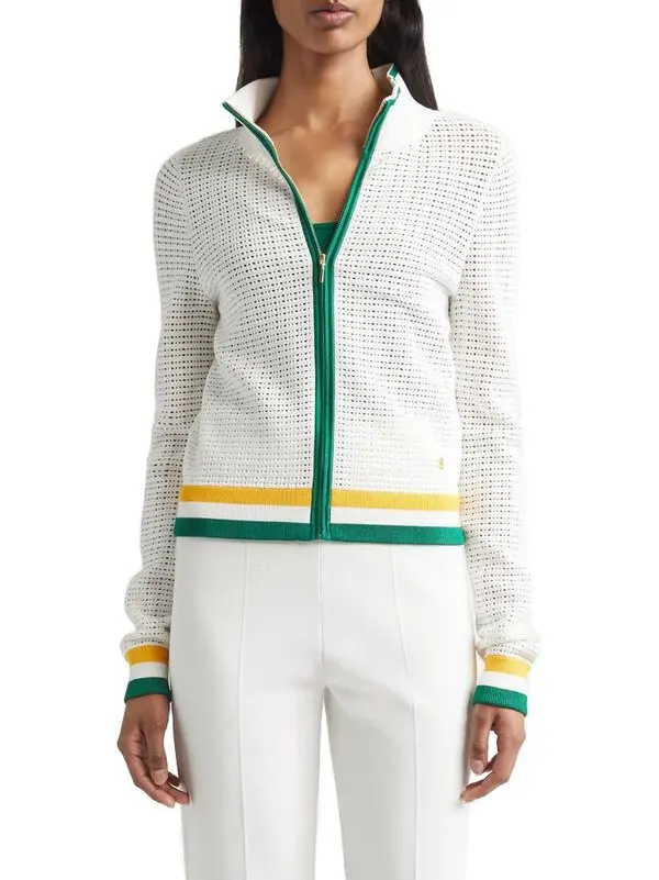 St. John Geometric Point Open Knit Zip-up Jacket - Bright White Multi