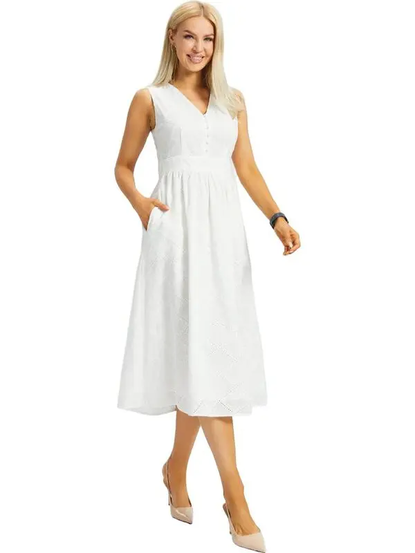 Betabrand Eyelet Fit And Flare Midi Dress - Star White