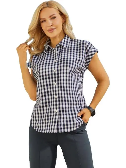 Betabrand Cap Sleeve Gingham Shirt - Navy