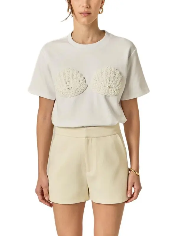 English Factory Faux Pearl Seashell Appliqué T-shirt - White