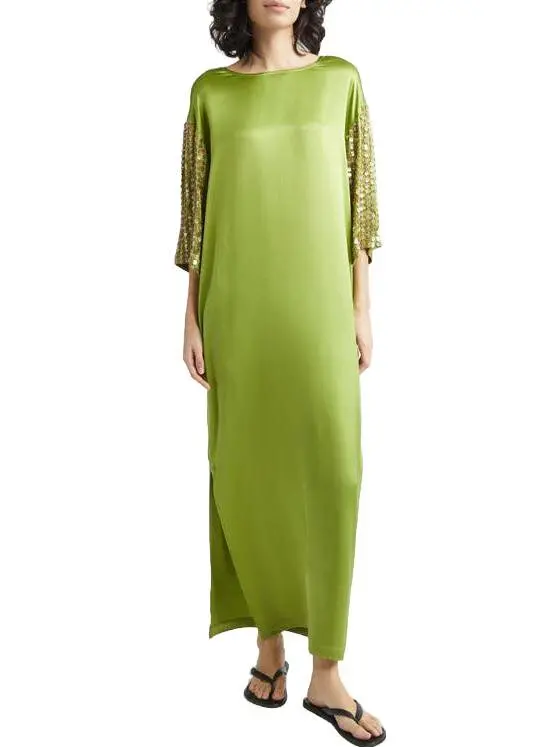 ZANKOV Jewel Neck Paillette Embellished Silk Satin Maxi Dress - Aloe