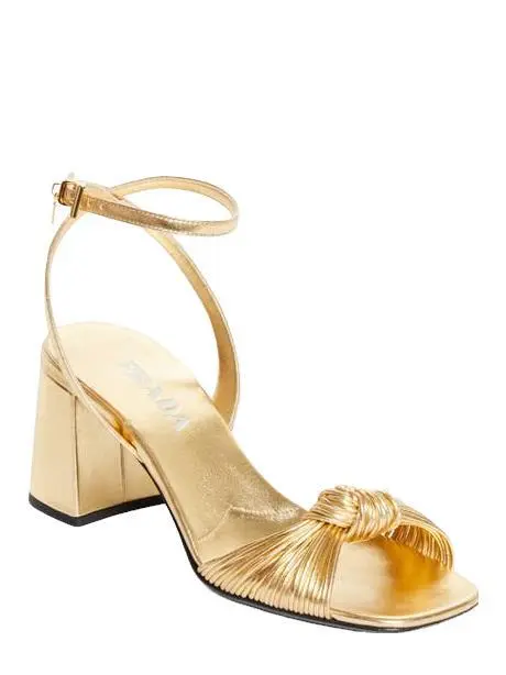 Prada Metallic Lambskin Block Heel Ankle Strap Sandal - Platino