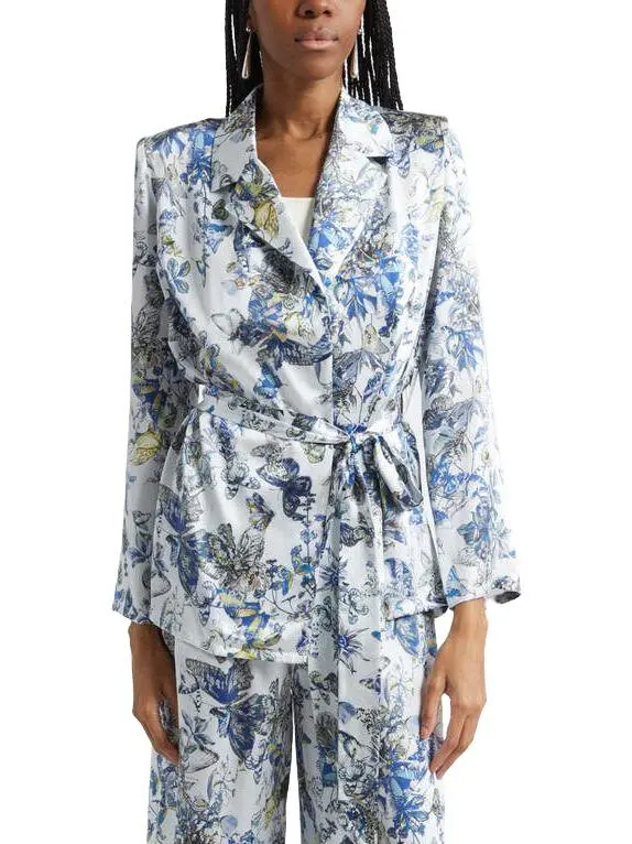 L'Agence Ciara Silk Printed Wrap Jacket - Gray Multi Watercolr