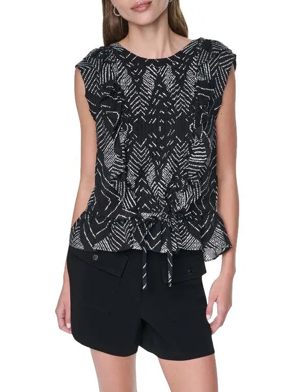 Dkny Geometric Print Ruffle Front Top - Geo Diamond Pointelle