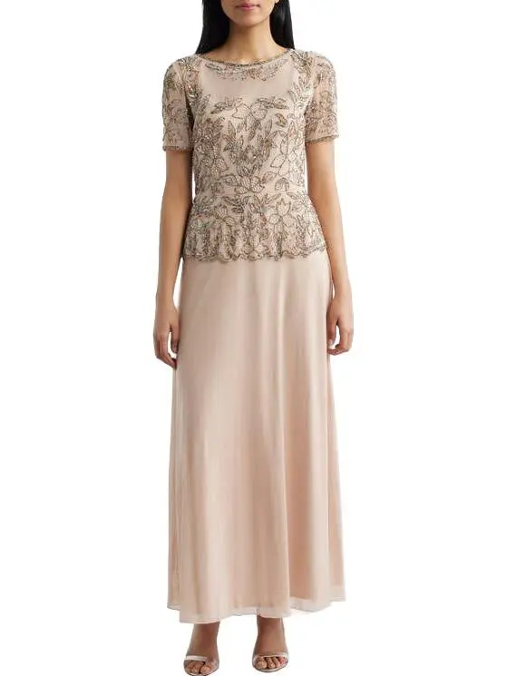 Pisarro Nights Short Sleeve Beaded Floral Chiffon Gown - Blush