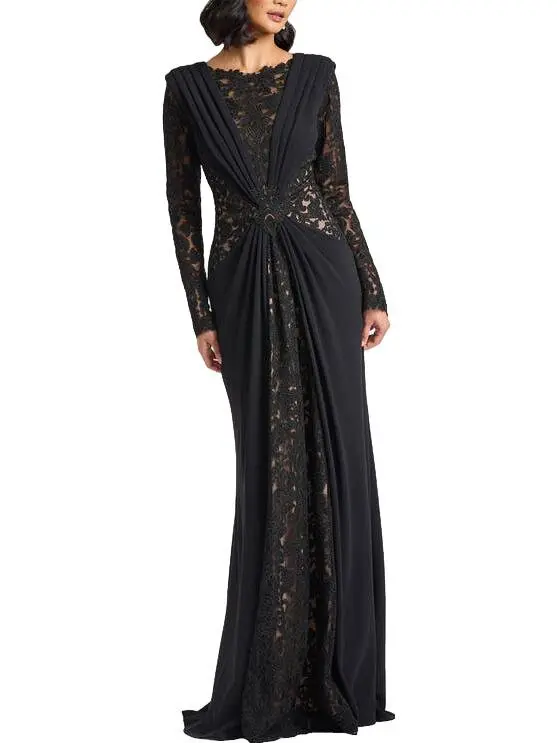 Tadashi Shoji Long Sleeve Lace And Crepe Gown - Black