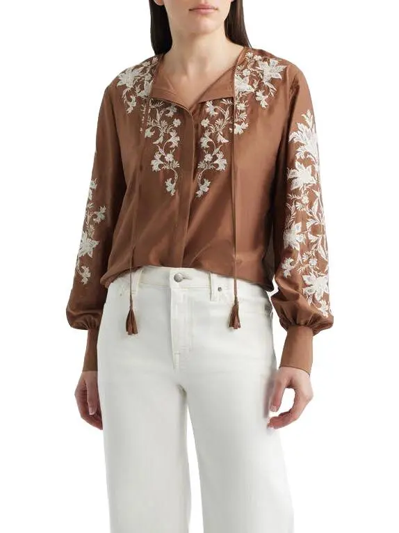 Kobi Halperin Franki Embroidered Cotton & Silk Peasant Top - Cacao