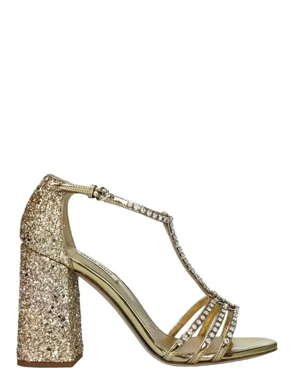 Miu Miu Embellished Glitter Block Heel Sandals - Gold