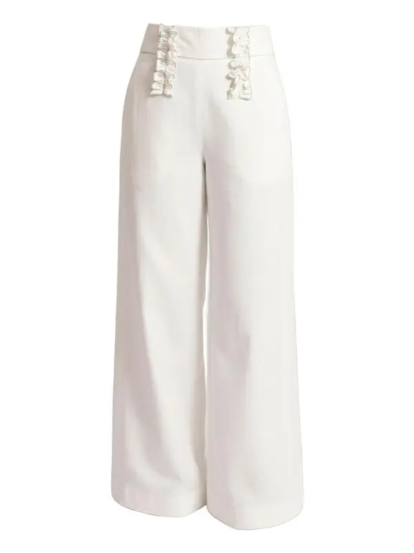 VAAI High Waisted Wide Leg Trousers With Ruffle Detail - White
