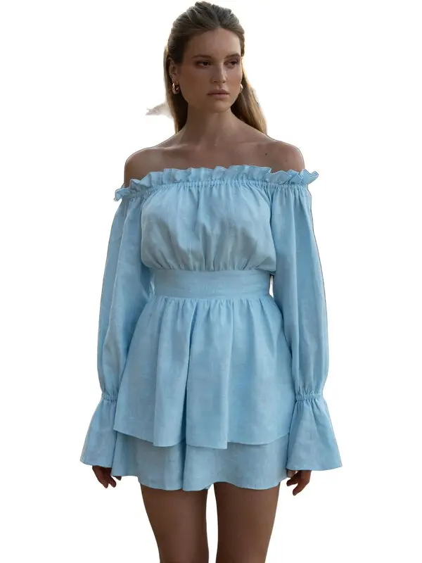 MandiBreeze Alexia Off-shoulder Tiered Linen Mini Dress - Blue