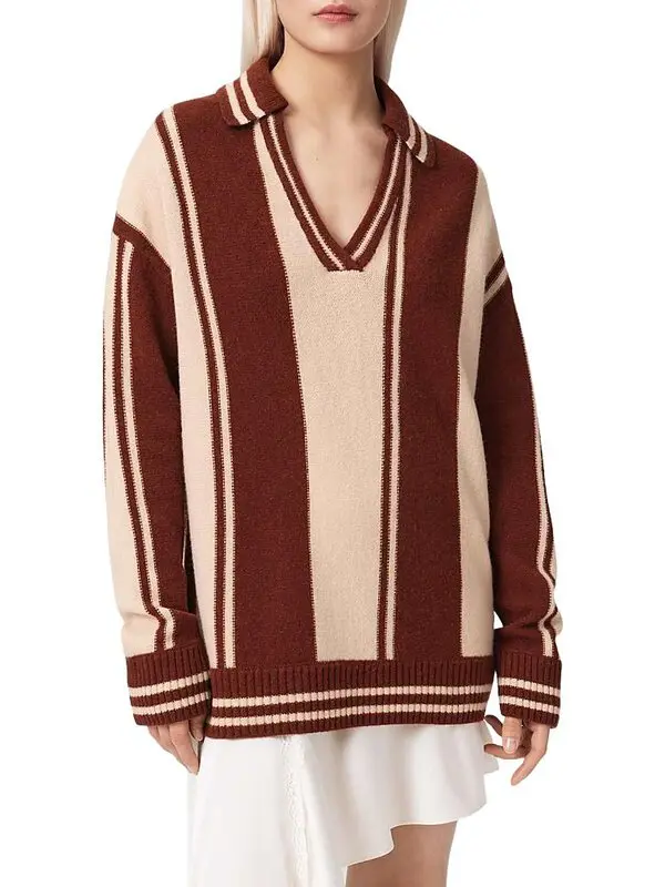 ALLSAINTS Tay Collared Striped Merino Wool Sweater - Rust Brown