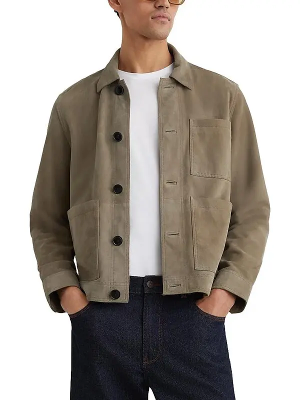 REISS Danny Regular Fit Suede Worker Jacket - Soft Sage