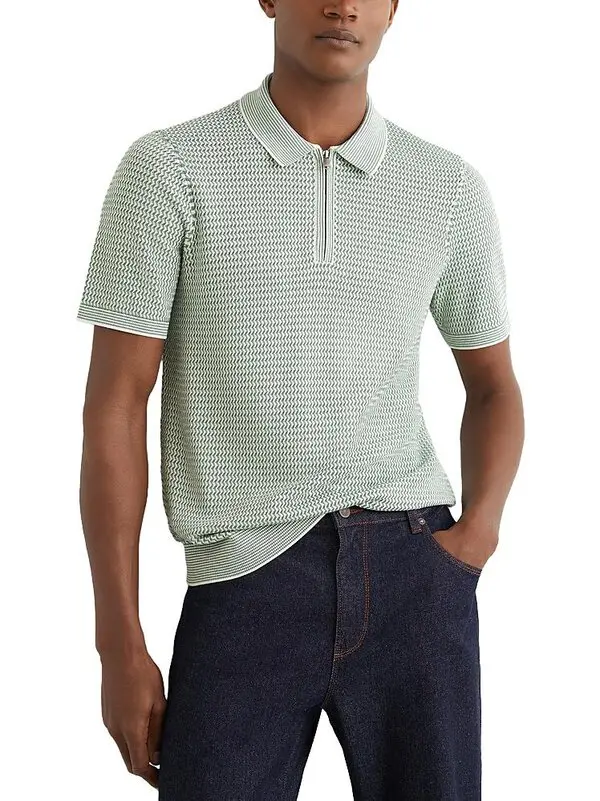 REISS Brink Regular Fit Half Zip Textured Polo Shirt - Soft Sage