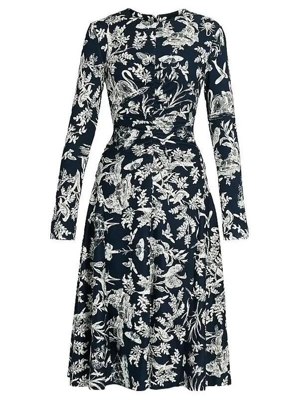 Erdem Ponte Long Sleeve Dress - Tattoo Toile De Jouy Navy