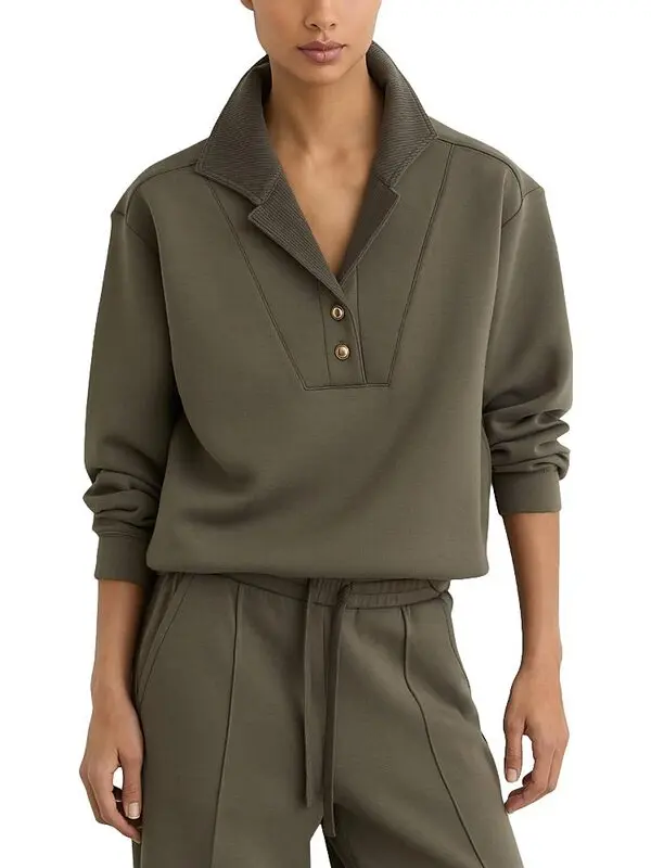 REISS Bella Sweatshirt With Button Detailing - Khaki Green