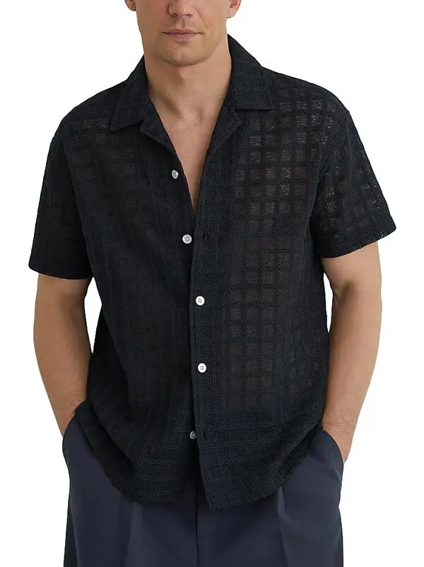 REISS Short Sleeve Crochet Tile Cuban Collar Shirt - Navy