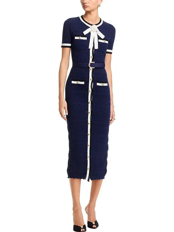 SELF-PORTRAIT Pointelle Knit Midi Dress With Bow Detail - Navy