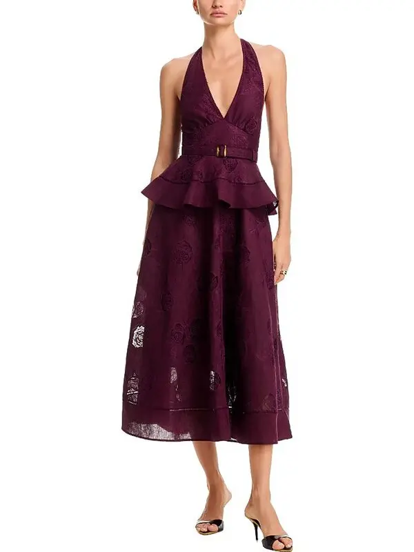 SELF-PORTRAIT Plum Linen Blend Peplum Midi Dress - Burgundy