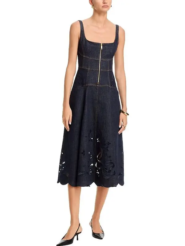 SELF-PORTRAIT Denim Bow Embroidered Midi Dress - Blue