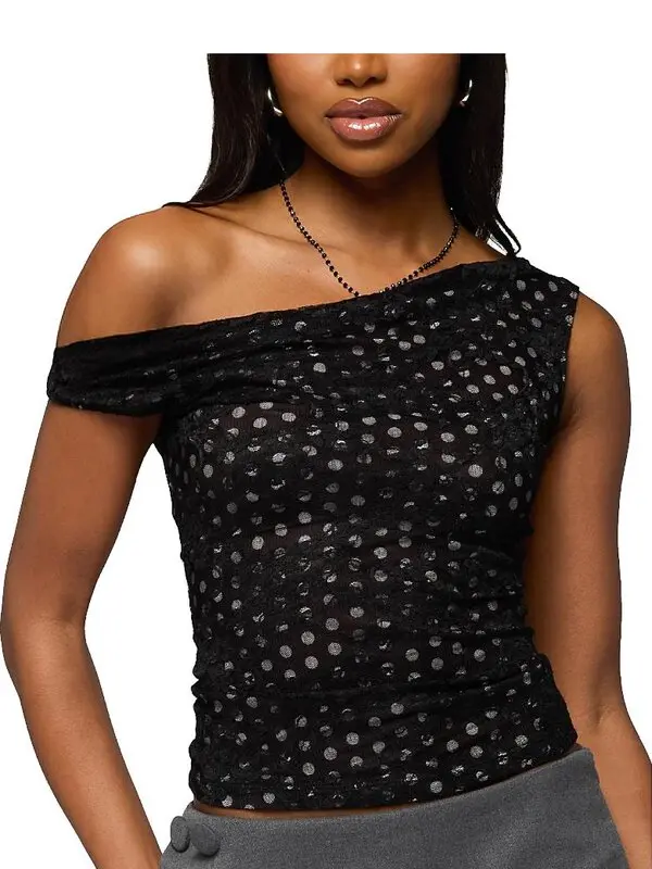 EDIKTED Off-shoulder Polka Dot Lace Top - Black