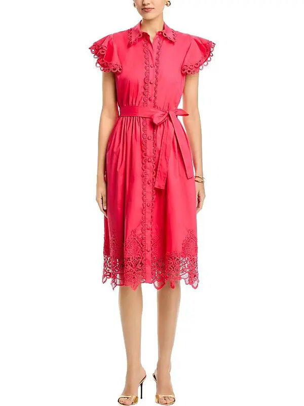 T Tahari Flutter Sleeve Fit & Flare Dress - Fire Brick