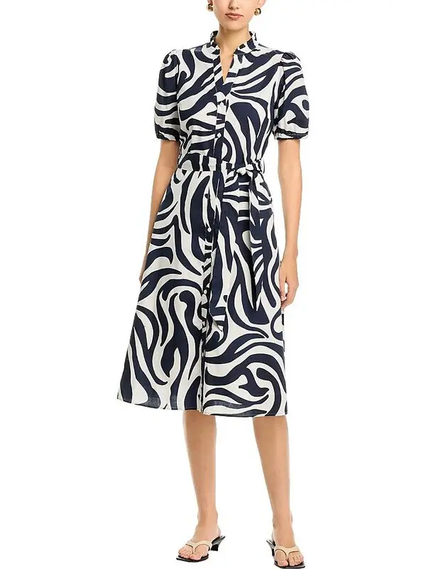T Tahari Puff Sleeve Cotton Stretch Printed Midi Dress - Majestic Swirl