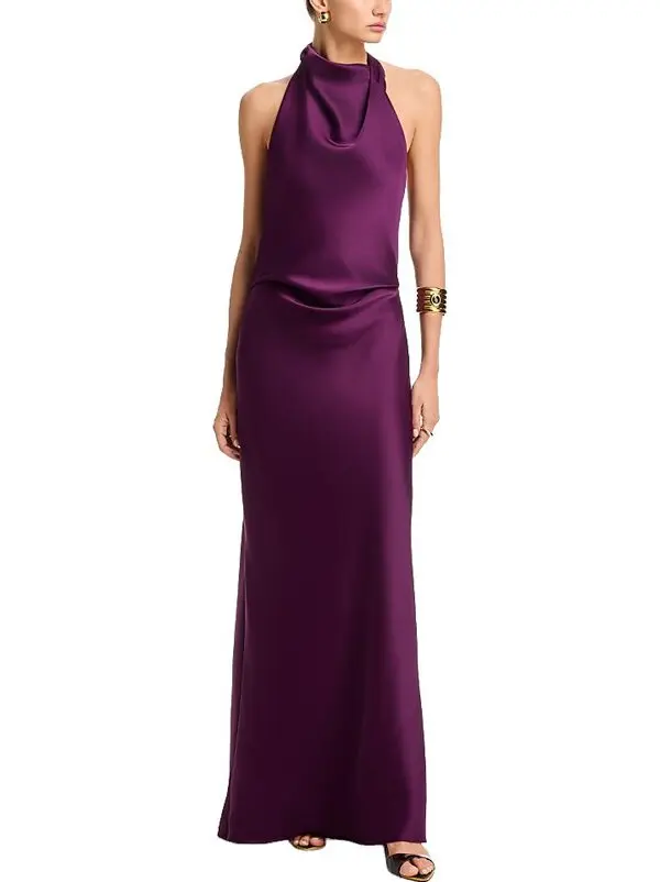Aqua Double Face Satin Halter Gown - Plum