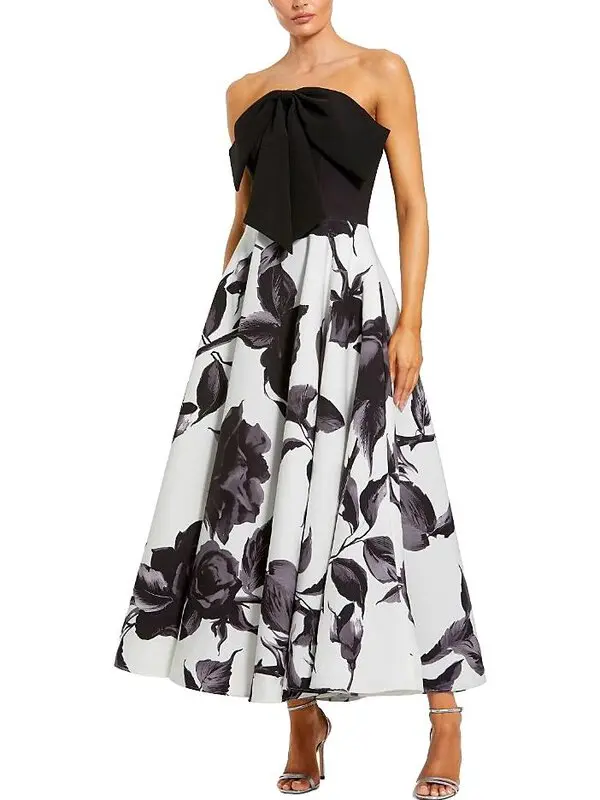 Mac Duggal Strapless Printed Midi Dress With Oversized Bow - Black Multi