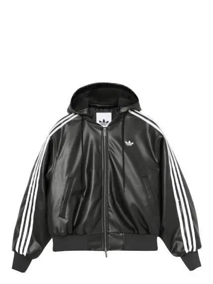 Adidas Padded Leather Bomber Jacket With Three-stripes - Black