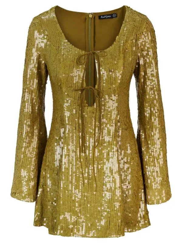 RAEVYNN Sequined Flared Sleeve Dress - Green