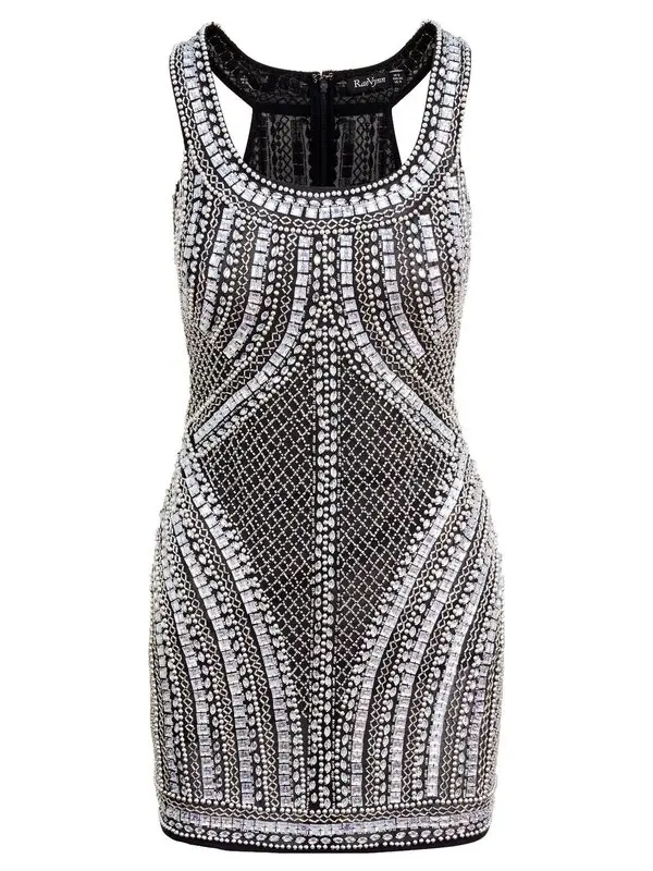 RAEVYNN Embellished Crystal Bead Mini Dress - Black