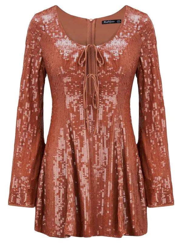 RAEVYNN Caramel Sequin Embellished Skater Dress - Brown