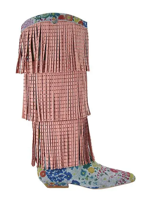 Kurt Geiger Western Fringe Embellished Floral Print Denim Knee-high Boots - Blue/pal.c