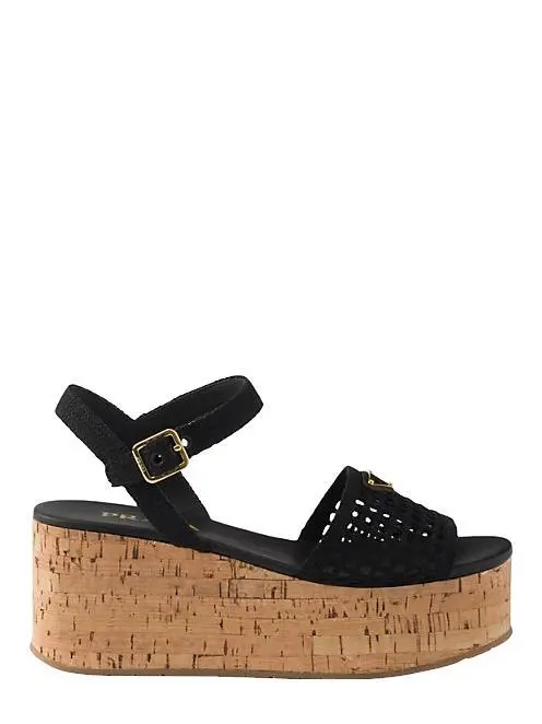 Prada Crochet Wedge Platform Sandals - Black
