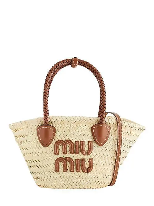 Miu Miu Embroidered Raffia Basket Bag - Naturale+cognac