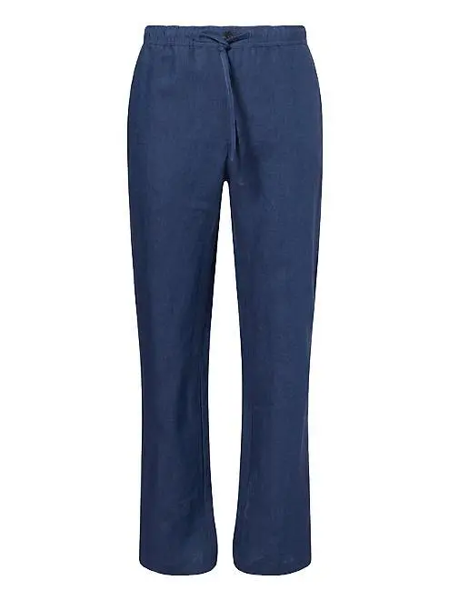 120% Lino Straight-leg Drawstring Linen Trousers - Navy